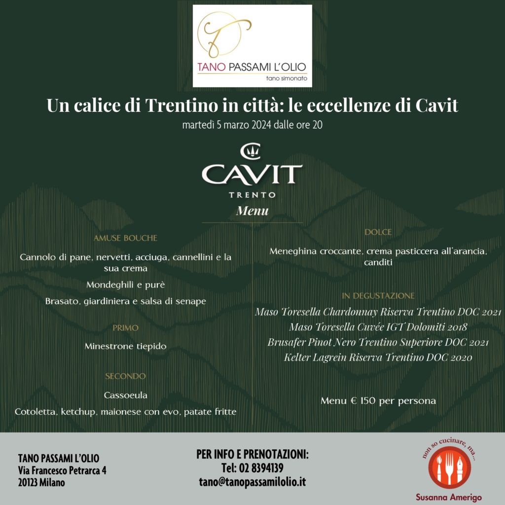 Cena con degustazione vini Cavit presso TANO PASSAMI L'OLIO - Milano - Cavit